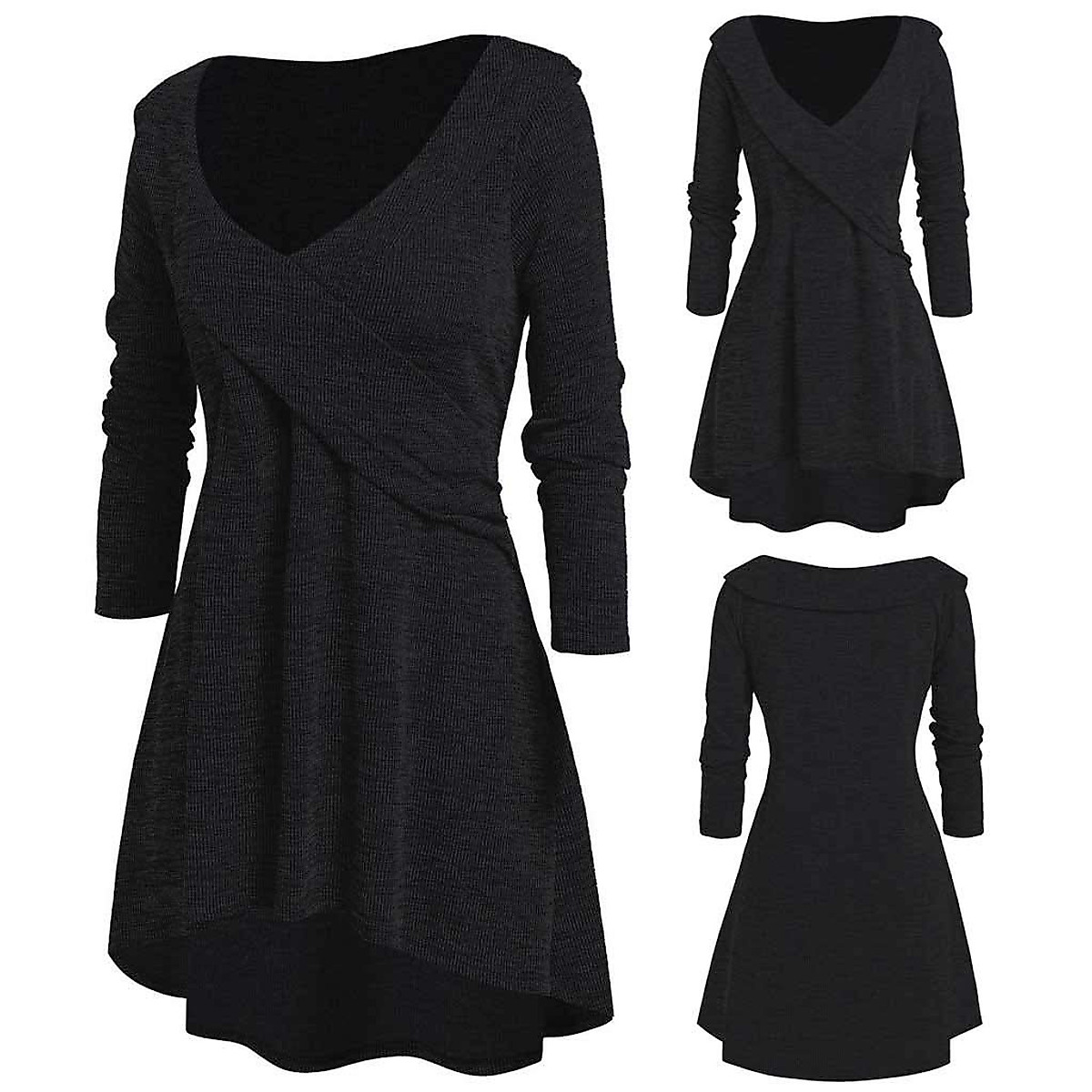 CapsA Women Halloween Gothic Sweatshirts Dress Long Sleeve High Low Pullover Plus Size V-Neck Tunic Plunging Neck Sweater Black