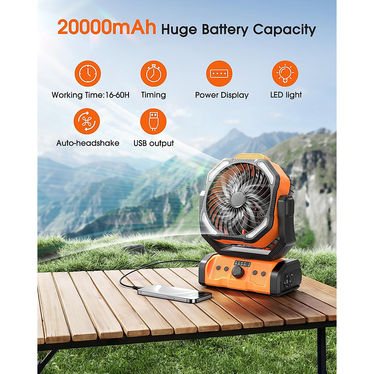Peouix Portable Rechargeable Camping Fan - 20000mAh Cordless Battery Powered Fan with LED Lantern, Remote Auto Oscillating USB C Table Battery Operated Tent Fan for Travel Outdoor Beach