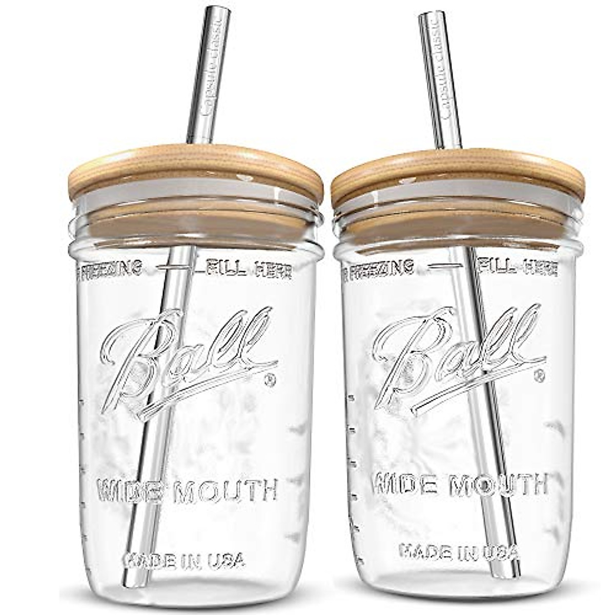 Reusable Boba Bubble Tea & Smoothie Cups - 2 Glass Wide Mouth 16oz Mason Jars with Bamboo Lids - 2 Reusable Silver Stainless Steel Boba Straws