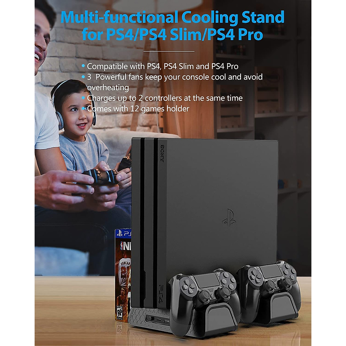 URWOOW Vertical Stand for PS4/PS4 Slim/PS4 Pro - Cooling Fan with PS4 Charger Controller Charging Station with Game Storage (Black)