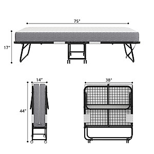RAOGIE Folding Bed with Mattress,Portable Rollaway Bed for Guest,Foldable Bed with Memory Foam Mattress, Twin Size 75" x 38" Fold-up Metal Frame Bed for Adults