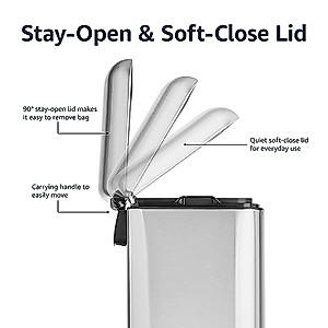 Amazon Basics Smudge Resistant Small Rectangular Trash Can with Soft-Close Foot Pedal, 20 Liter / 5.3 Gallon, Nickel