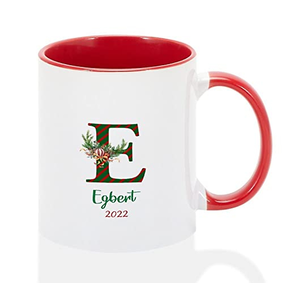 Two_Tone Red Mug Personalized 2022 Christmas Name Coffee Mug, Pine Berry Green & Red Stripe Initials E Funny Coffee Mug Cup, A to Z 26 Alphabet Mug Tea Mug Gift 11 OZ