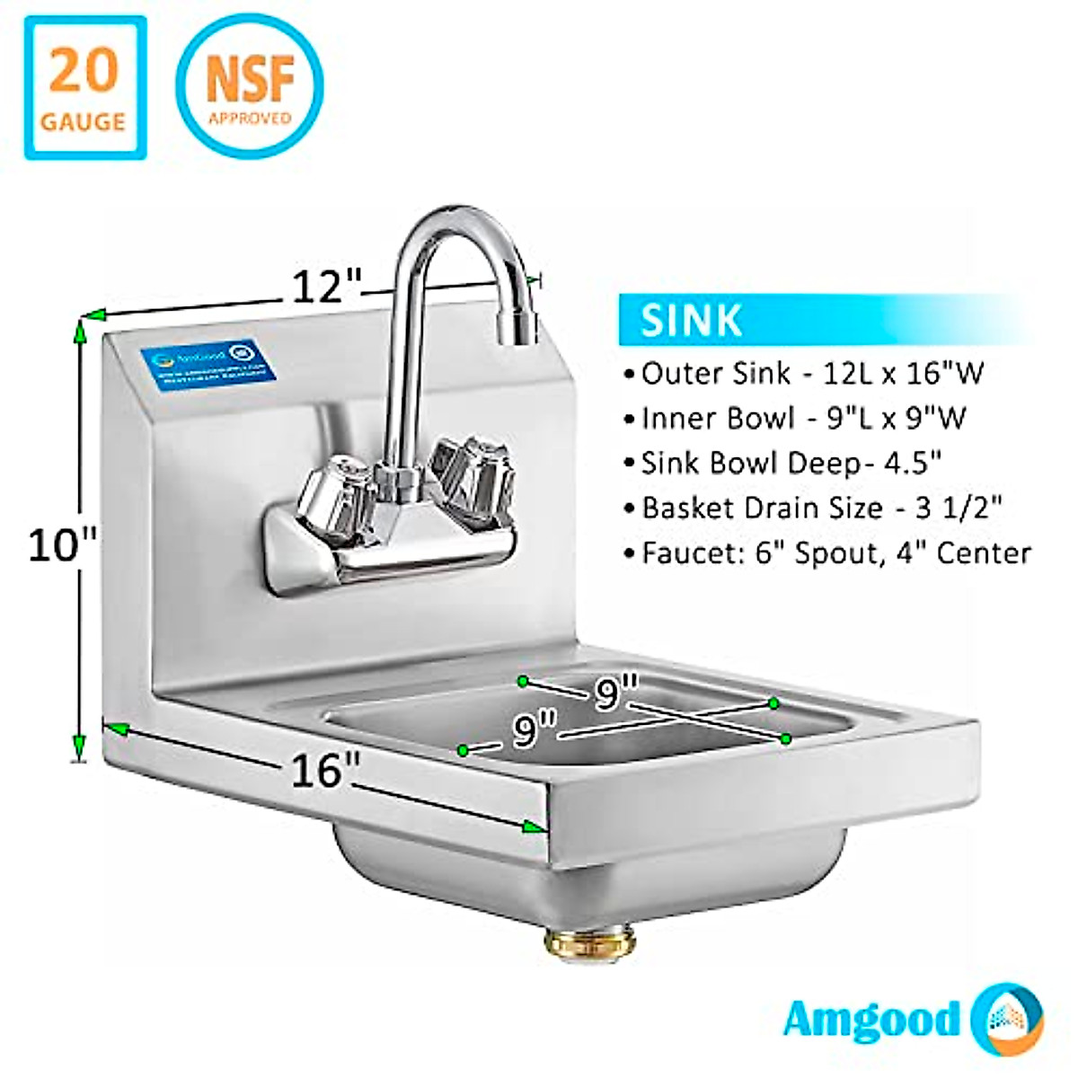 12" x 16" Stainless Steel Hand Sink | Commercial Wall Mount Hand Basin with Gooseneck Faucet, Strainer, Back Splash | NSF Certified | Perfect for Restaurants, Bars, Stores, Kitchen and More