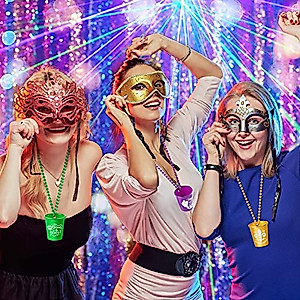 24 Pieces Mardi Gras Shot Glass on Beaded Necklace Mardi Gras Plastic Cups Fun Shot Glasses for Mardi Gras Party Supplies, 3 Styles