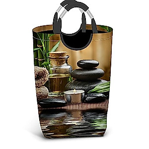 IBILIU Laundry Basket 50L Zen Basalt Stones And Spa Oil On The Wood Collapsible Laundry Hamper With Handle,Canvas Dirty Clothes Hamper For Laundry,Bathroom,Bedroom
