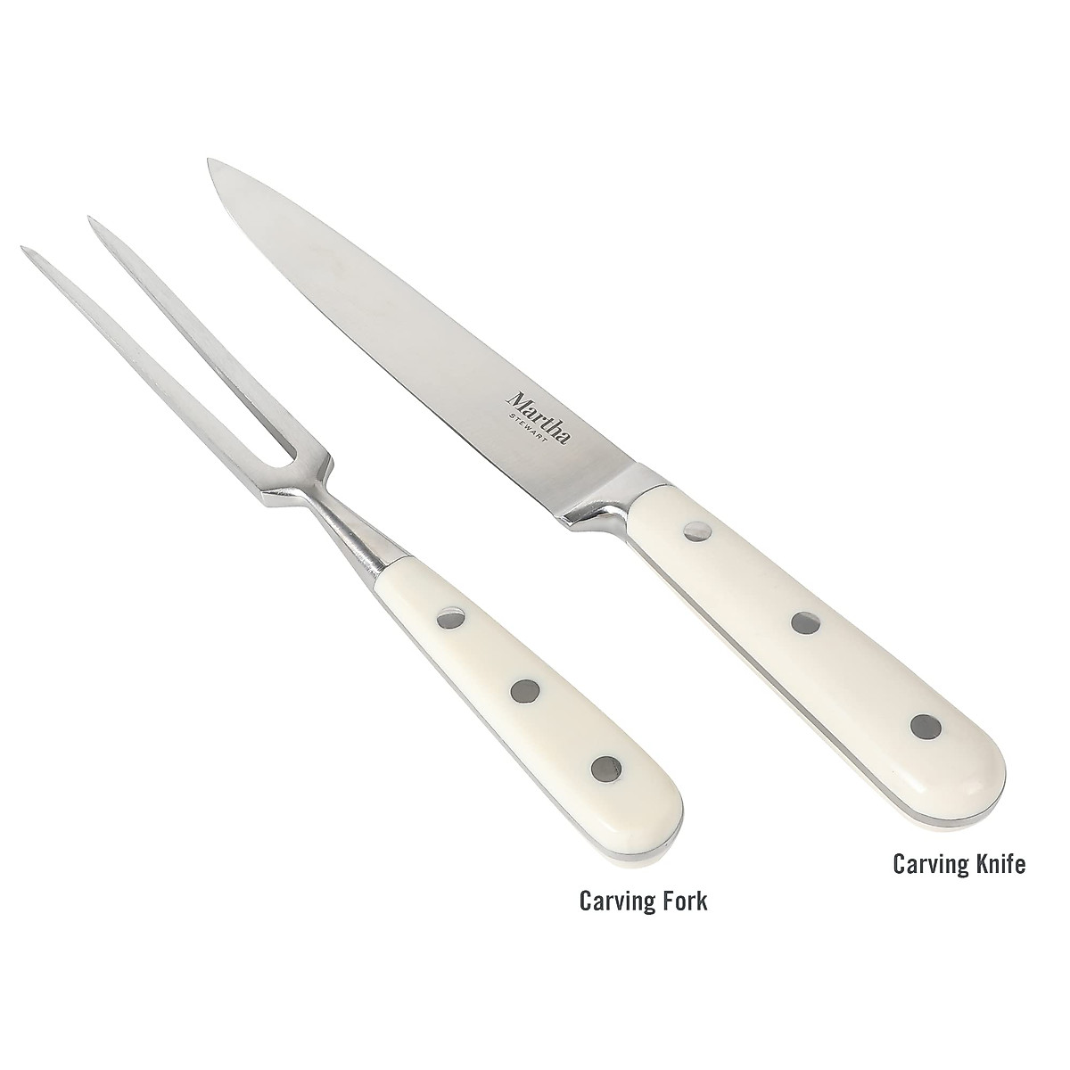 Martha Stewart Goswell 3pc Set w/ 8" Triple Riveted Stainless Steel Carving Knife, 6" Triple Riveted Stainless Steel Carving Fork w/Beech Wood Cutting and Serving Board
