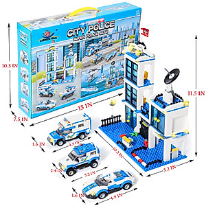 736 Pieces City Police Station & Car Building Blocks Set, with 3 Police Cars Toy, Cop Patrol Car, Escort Vehicle, Prison Car, City Police Sets Toy Building Bricks Kit, Gift for Boys Girls 6-12