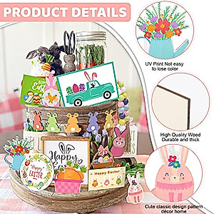 15Pcs Easter Tiered Tray Decor, Lucomb Easter Decorations Happy Easter Wood Signs Truck Full of Eggs, Farmhouse Signs Carrot Egg Bunny Decor for Easter Day Home Farmhouse Rustic Spring Decorations