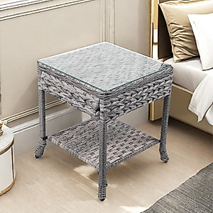 Generic Wicker Patio Side Table with Top - Multipurpose Outdoor End Table for Balcony, Porch, and Backyard Settings with 2-Tier Storage Shelf (Glass Top), Grey, BZ001