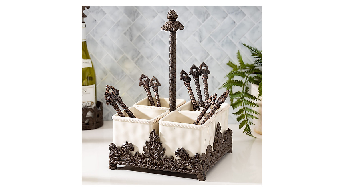 Cream Ceramic Flatware Caddy with Acanthus Leaf Metal Design