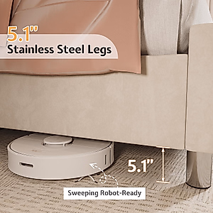 Jocisland Queen Bed Frame Upholstered Bed Wingback Headboard Velvet Tufted Diamond Button/No Box Spring Needed/Easy Assembly/Cream