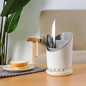 JLJLcio Kitchen Utensil Holder for Countertop,Plastic Round Knife Holder for Safe,Kitchen Gadgets with Removable Divider and Drain Design,Cooking Utensil Organizer for Knives/Forks/Spoons(Grey)