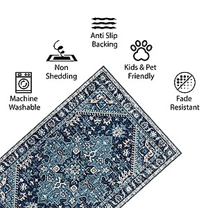 Vernal Machine Washable Non Slip Area Rug for Living Room, Bedroom, Dining Room Pet Friendly High Traffic Non-Shedding Rugs Milagros Persian Collection Carpets 5 X 7 Feet Dark Blue/Beige