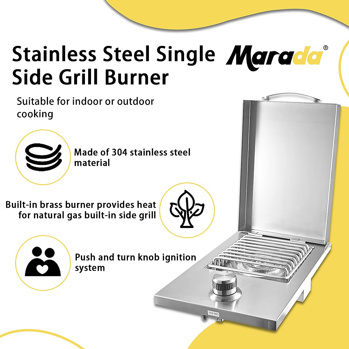 Marada Drop-In Single Side Grill Burner Natural Gas 304 Food Grade Stainless Steel Built-In Single Side Burner for Outdoor Grill 12,000 BTU Air inlet thread 5/8"-18UNF
