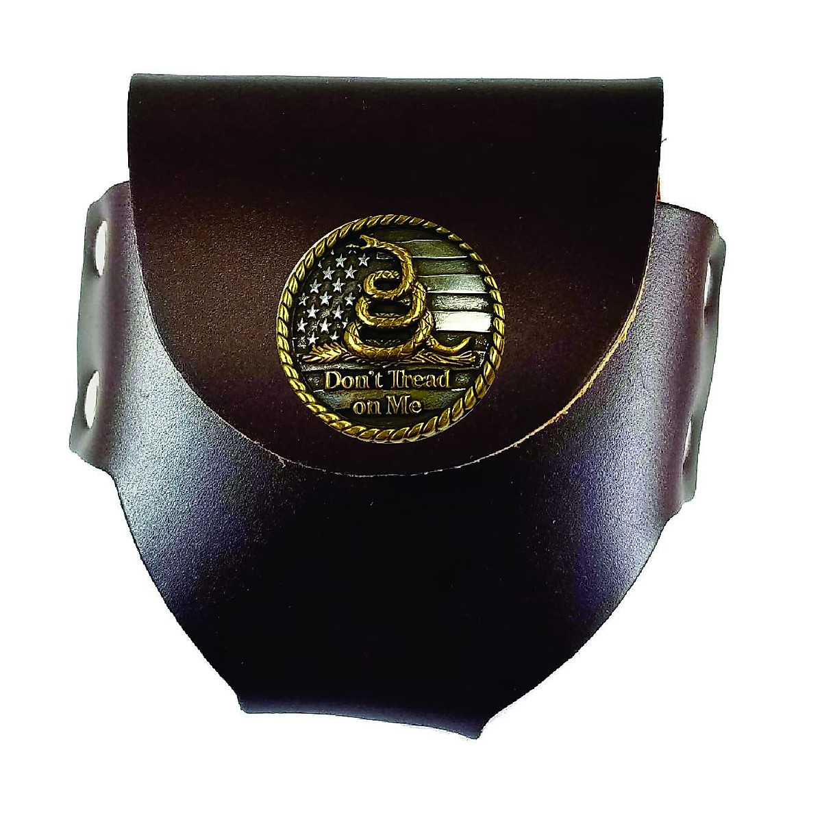 A Don't Tread On Me Concho mounted on Genuine Brown Leather Snuff Can Holder with Snap Closure