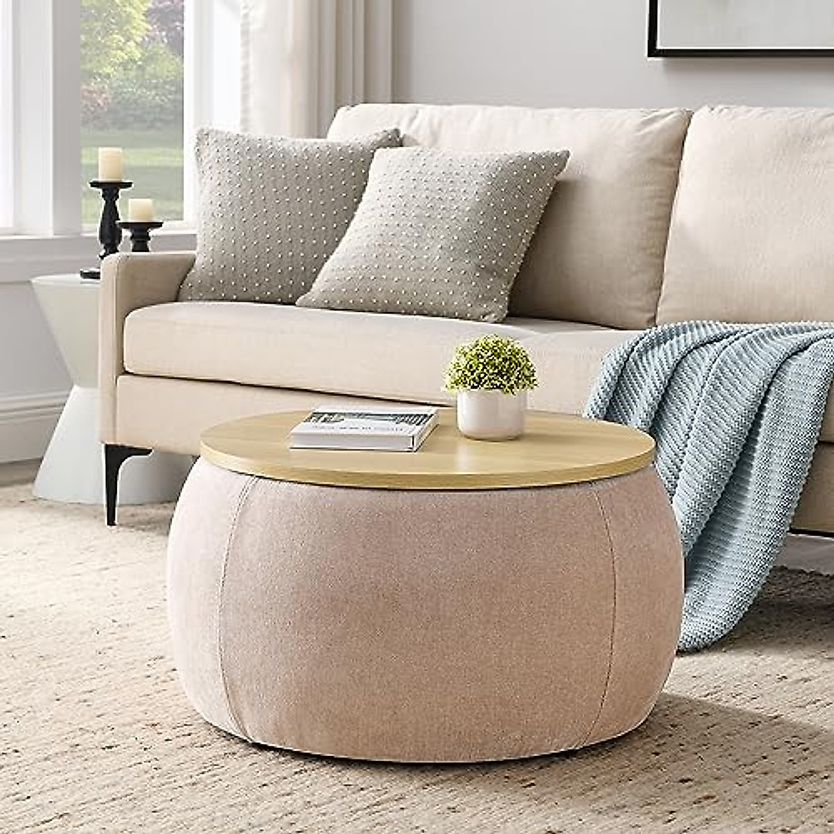 Kakotito Modern Round Storage Ottoman with Wooden Lid,Circle Ottoman Handmade Ottoman Coffee Table,End Table & Footstool for Living Room (Pink)