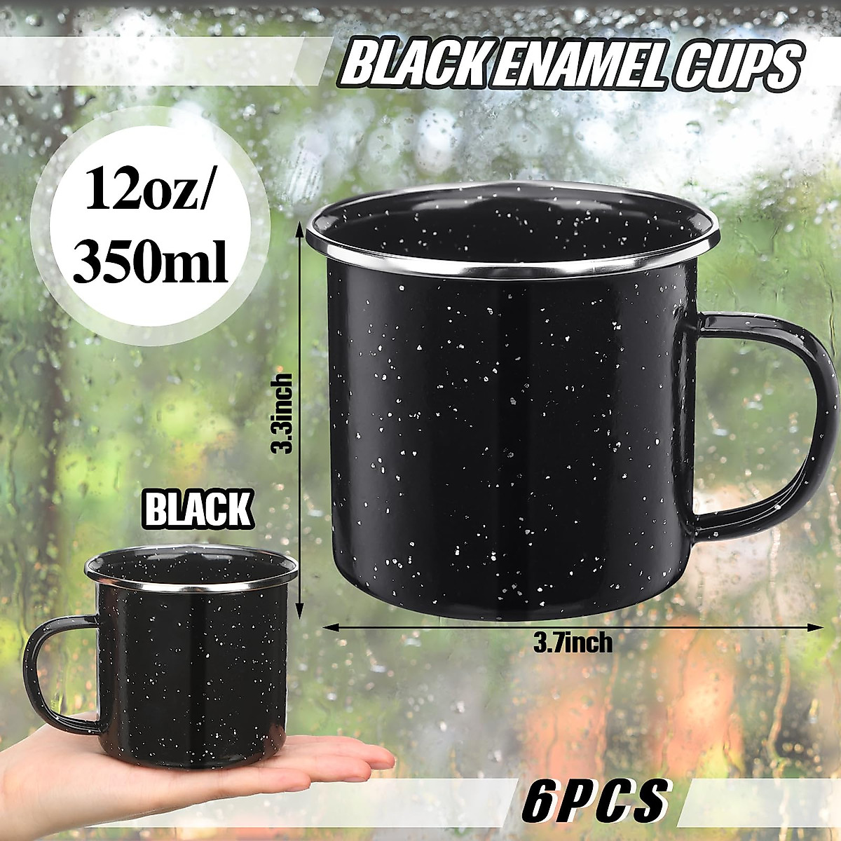 6 Pcs Enamel Camping Mugs Small Coffee Mugs Cups Portable Vintage Tea Cups Campfire Camping Mugs Bulk with Handle for Coffee Tea Home Picnic Travel Indoor and Outdoor Activities,12 oz (Black)