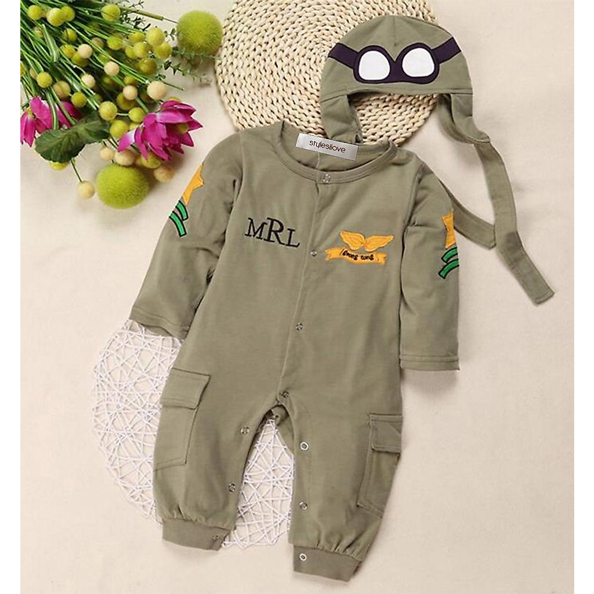 stylesilove Newborn Infant Toddler Baby Boy Army Air Force Baby Jumpsuit Romper and Hat 2-pc Cotton Outfit (70/3-6 Months)