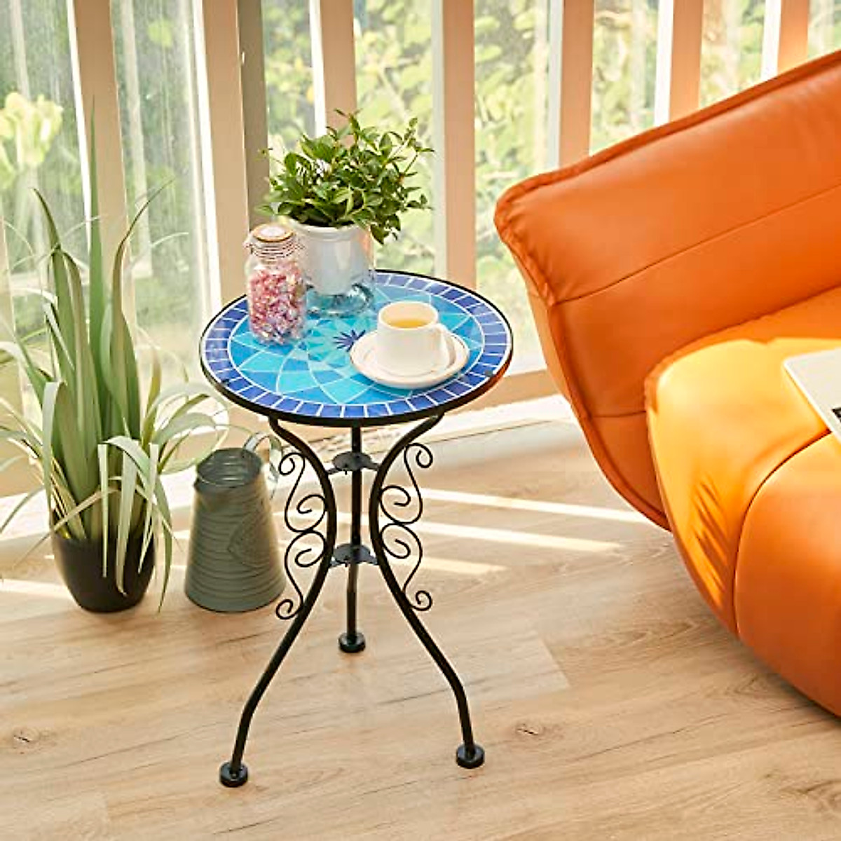HL3NIGIM Outdoor Side Table, 14" Round Mosaic Patio Side Table Accent Table Bistro Coffee Glass Table Plant Stand for Garden Porch Living Room Balcony Deck Porch Pool