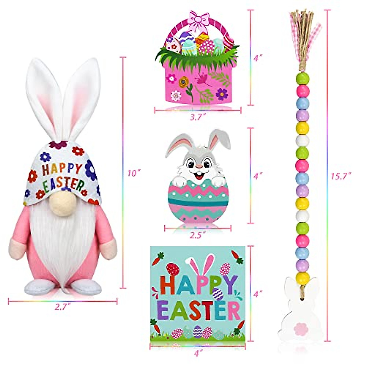 5 PCS Easter Gnome Tiered Tray Decor (Tray Not Included) - Gnomes Plush, Happy Easter Egg Mini Wood Sign, Wooden Bunny Bead Garland - Spring Easter Gift, Easter Day Party Decor for Home Kitchen