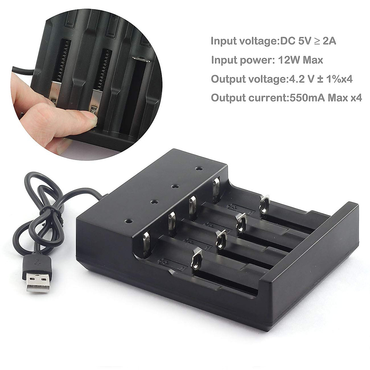 ZYAMY USB Smart Battery Charger 4-Slot 5V for Rechargeable Batteries 3.7V Li-ion 10440, 14500, 16340, 16650, 14650, 13350, 18500, 18650, 26650