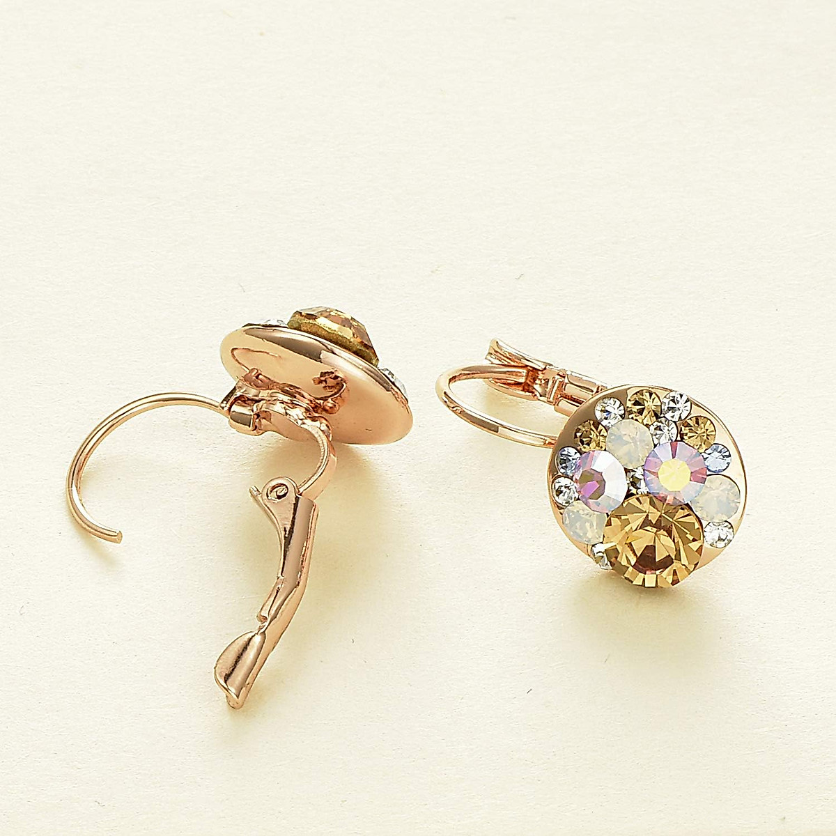 Multicolored Austrian Crystal Drop Earrings for Women 14K Gold Plated Hypoallergenic Leverback Dangle Earrings (Yellow Main Crystal/Rose Gold-tone)