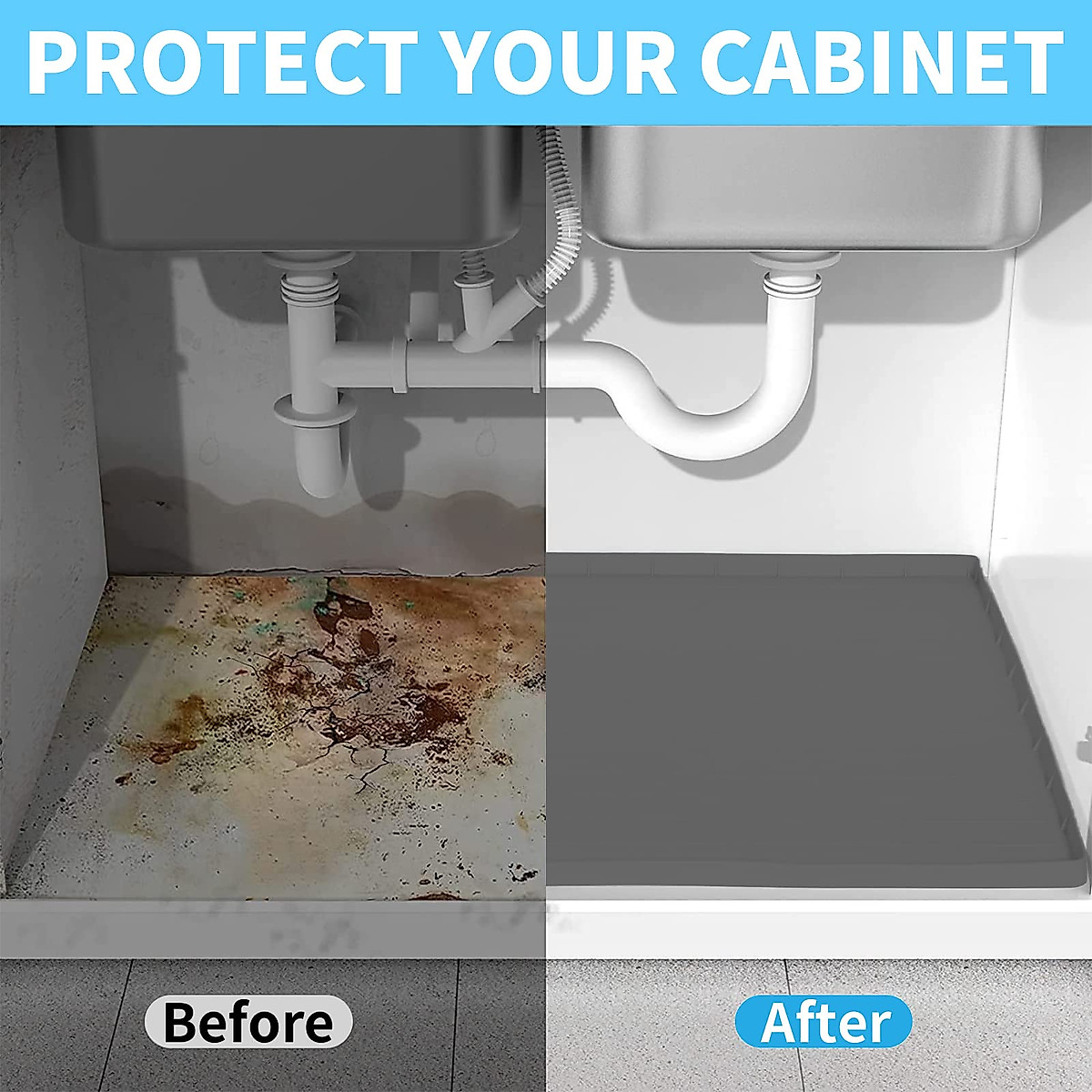 Under Sink Mat Waterproof, 34''x22'' Silicone Under Sink Liner, Durable Cabinet Protector Mats With Drain Hole, Kitchen Bathroom Under Sink Liner Drip Tray for Water Drips, Leaks, Spills (Grey)