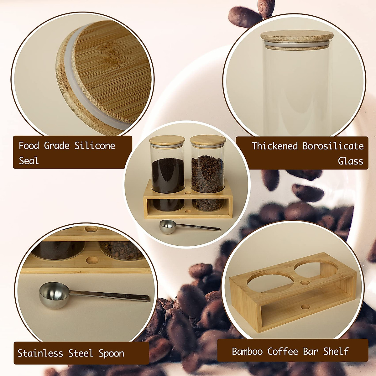 Glass Coffee Containers With Shelf, Coffee Bar Organizer And Accessories, Coffee Jars With Spoon, 2x 49oz Coffee Bean Storage Airtight Sealed Coffee Canister For Coffee Bean, Ground Coffee, Nuts