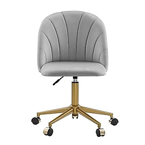 Pemberly Row Upholstered Adjustable Swivel Desk Chair Gold Legs in Light Gray