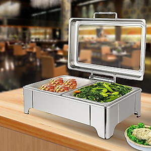 400W Stainless Steel Food Warmer Commercial Buffet Kitchen Chafing Dish with 2 Pans 9L Double Compartment Countertop Food Server Heater for Restaurant Hotels Catering Parties