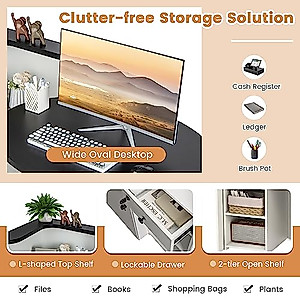 Tangkula Reception Desk, Front Counter Desk with Lockable Drawer & Adjustable Shelf, Oval Desktop, Retail Counter for Checkout, Computer Workstation for Salon Lobby Office, Home Office Desk