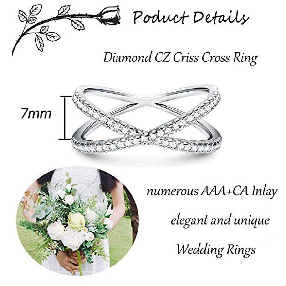 LOYALLOOK 4PCS Stainless Steel Stacking Wedding Band Rings Women CZ Criss Cross Ring Women Engagement Eternity Knuckle Mid Ring Set, Size 7