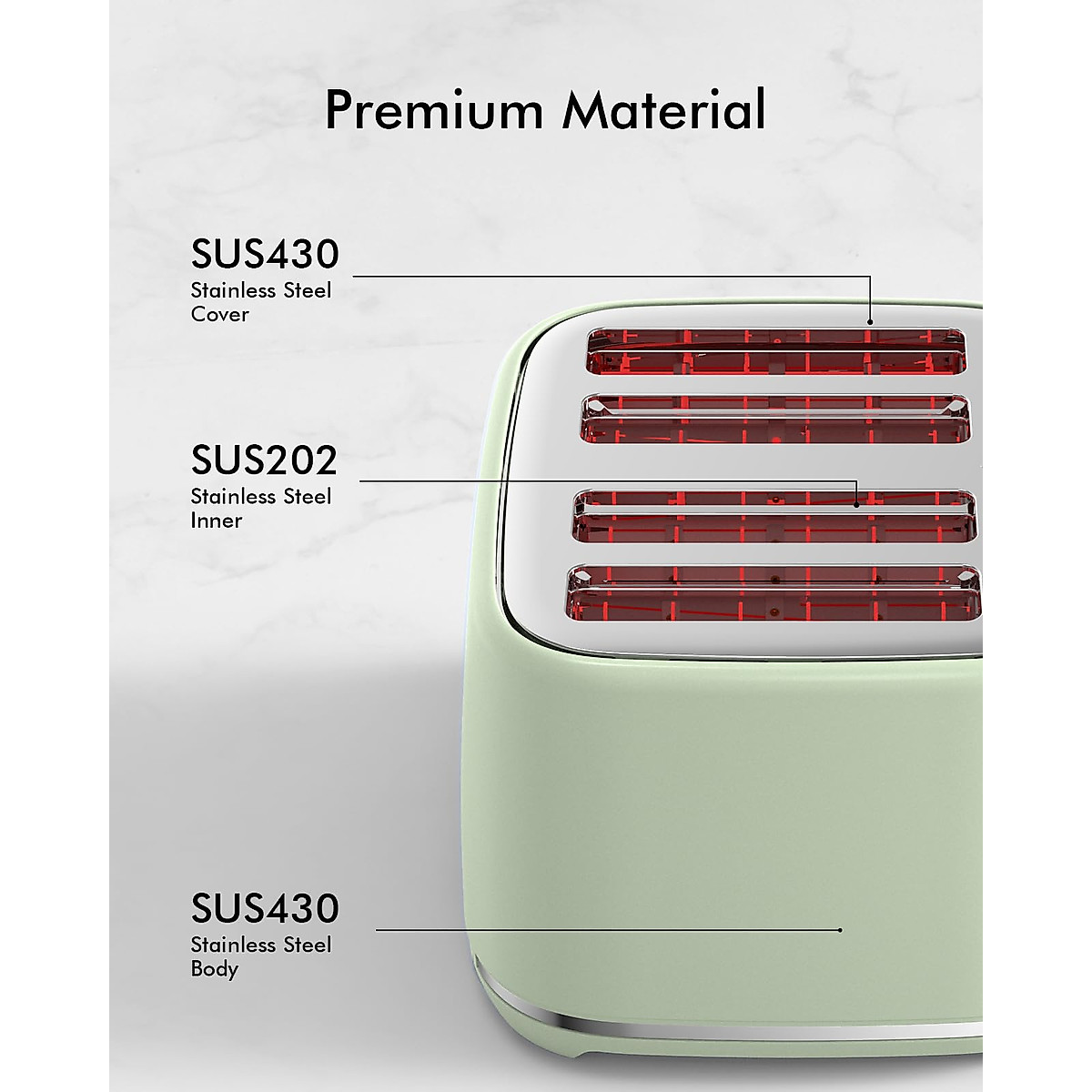 4 Slice Toaster, Extra Wide Slots, Longdeem Retro Stainless Steel Toasters, 6 Browning Options, Lift + Look, Auto Shut Off & Frozen Function, Toast Fruit Bread, Bagel & Waffle, Pastel Green