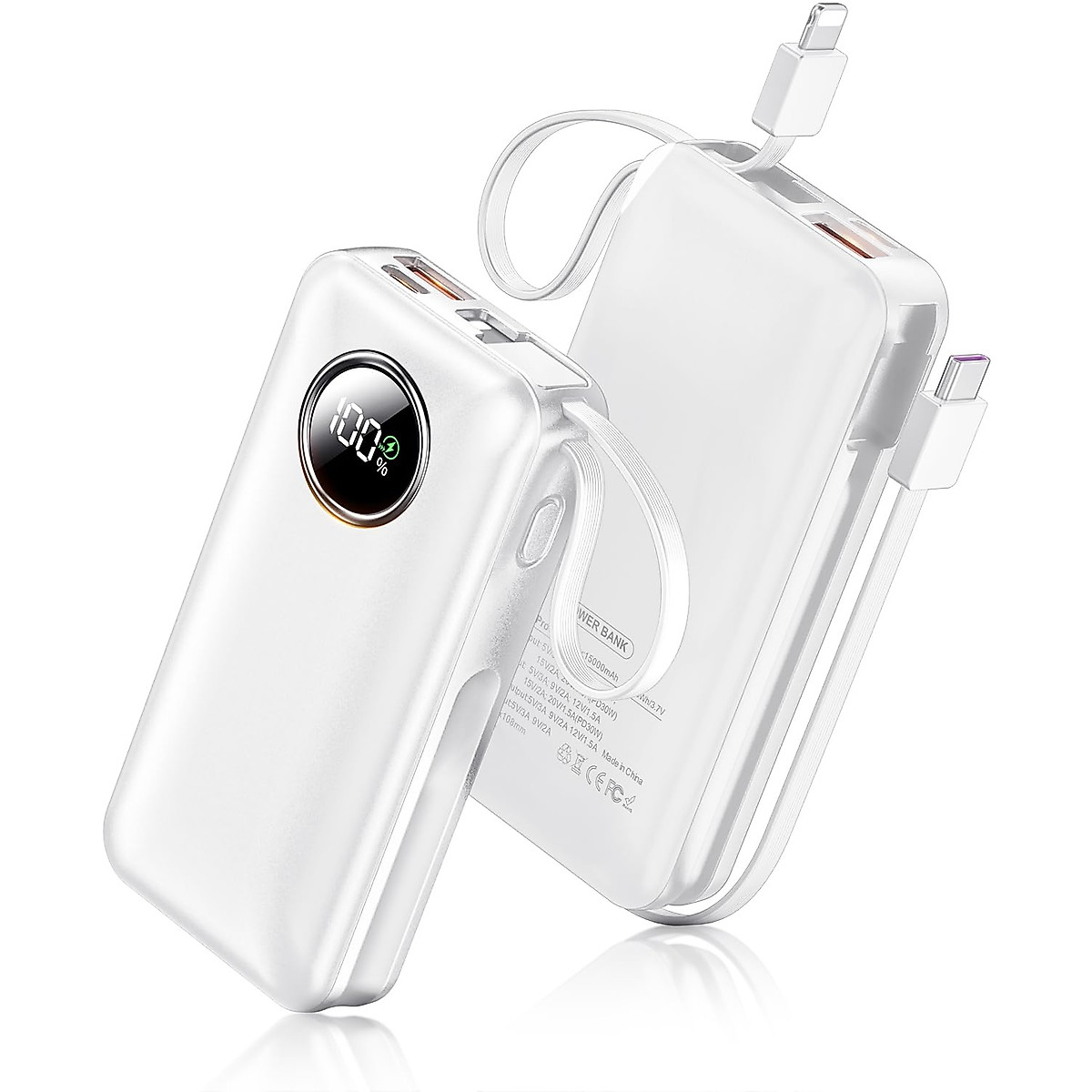 Portable-Charger-Power-Bank - 15000mAh PD 30W Power Bank, Built in Type-C(30W) and iOS(20W) Output Cables LED Display for iPhone and Android Phones and Most Electronic Devices(White)