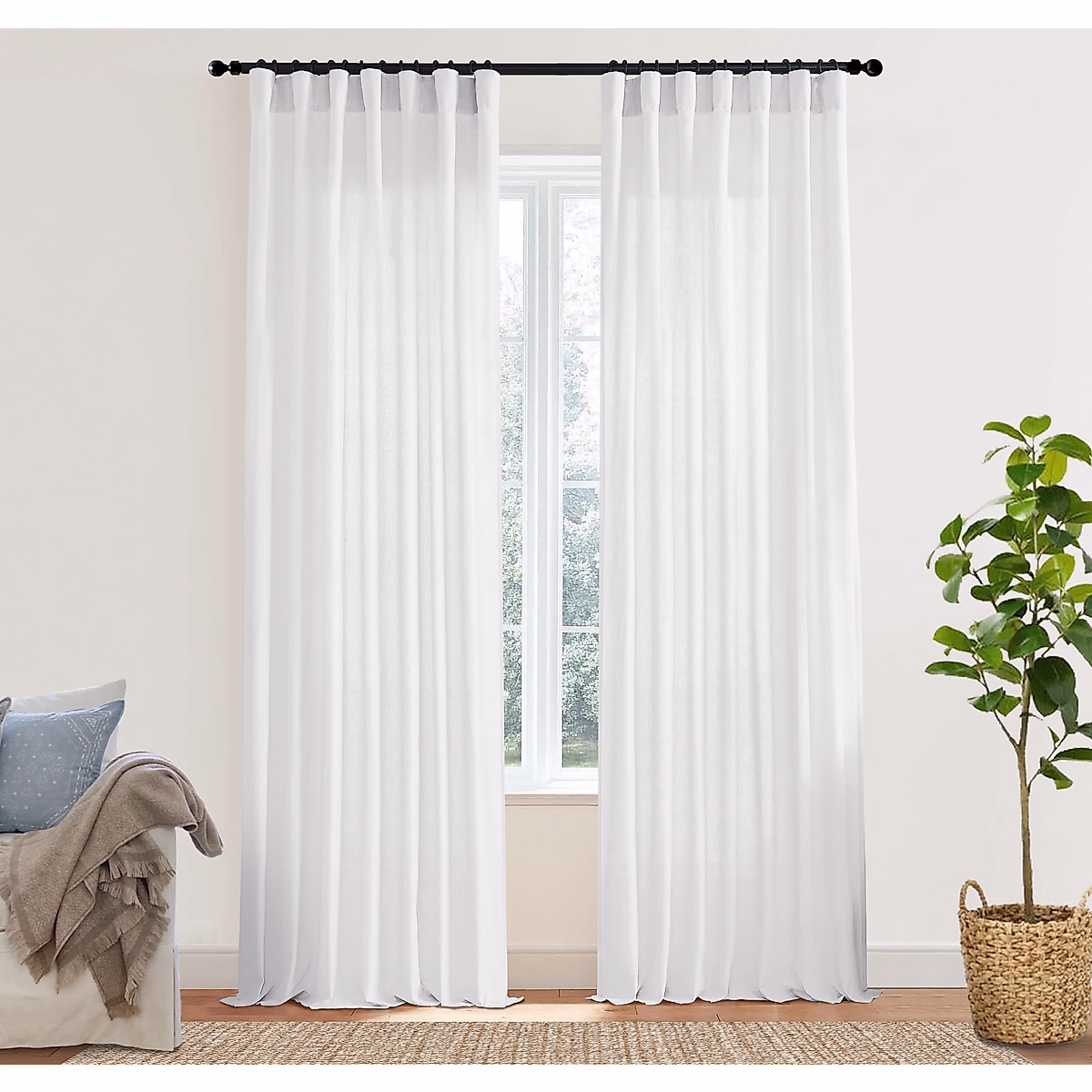 XTMYI White Linen Sheer Curtains 108 Inches Long Back Hidden Tab Tape Hooks Privacy Not See Through Simple Modern Curtains for Living Room 2 Panels Set