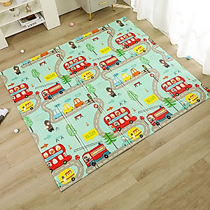 79 x 71” Baby Play Mat Reversible Foldable Floor Playmat Extra Large Thick Foam Playmat Non-Toxic Waterproof Crawling Mat for Infants Toddlers and Kids Indoor Outdoor Use (Car-Animal)