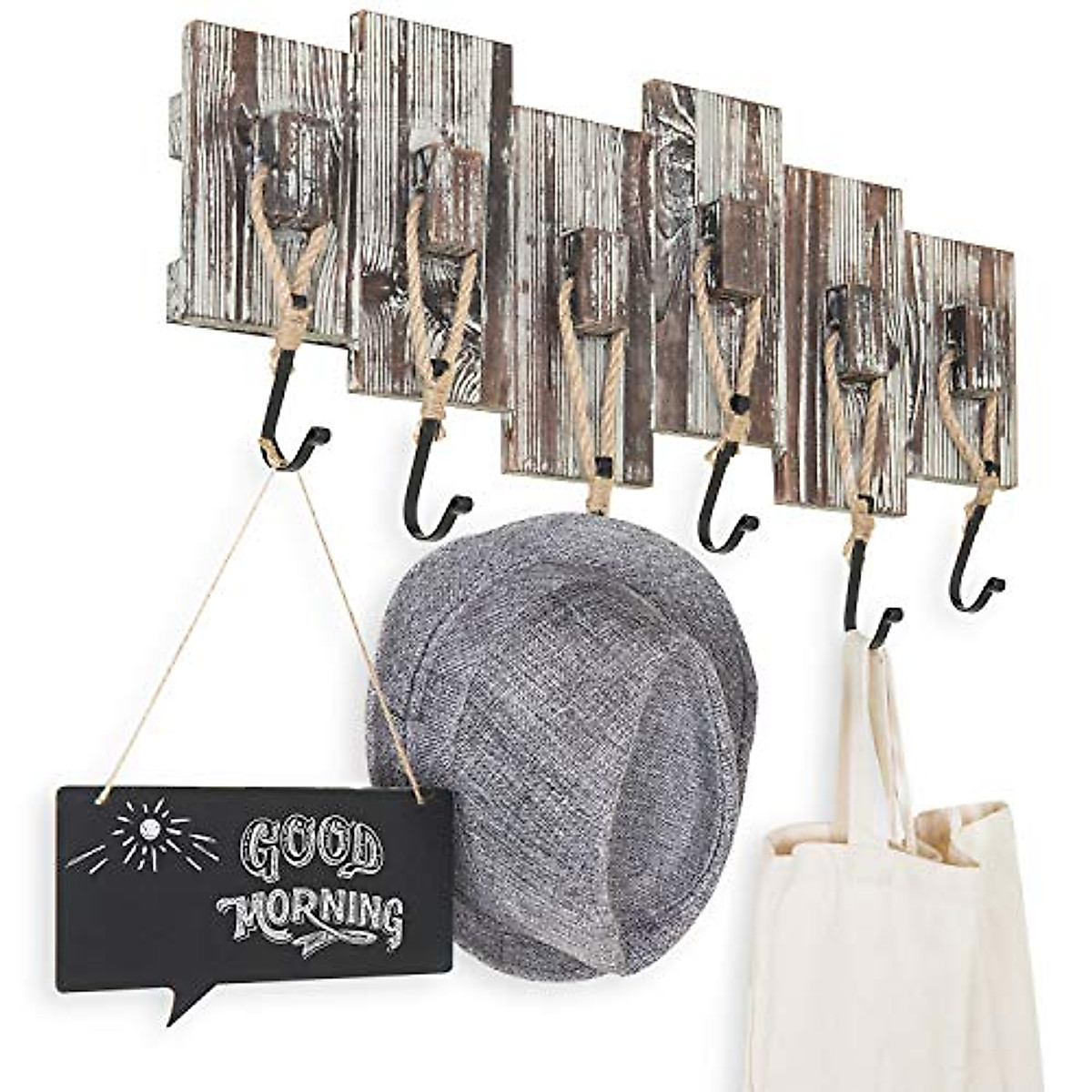 MyGift Wall Mounted Coat Rack, Rustic Nautical-Style Wall-Mounted Torched Wood Coat Rack with 6 Rope and Matte Black Metal Hooks