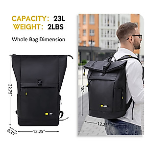 MIER Rolltop Travel Backpack for Men Women Water Resistant Carry on Casual Commuter Back Pack with Multiple Pockets for Work Business College Trip, 23L, Black