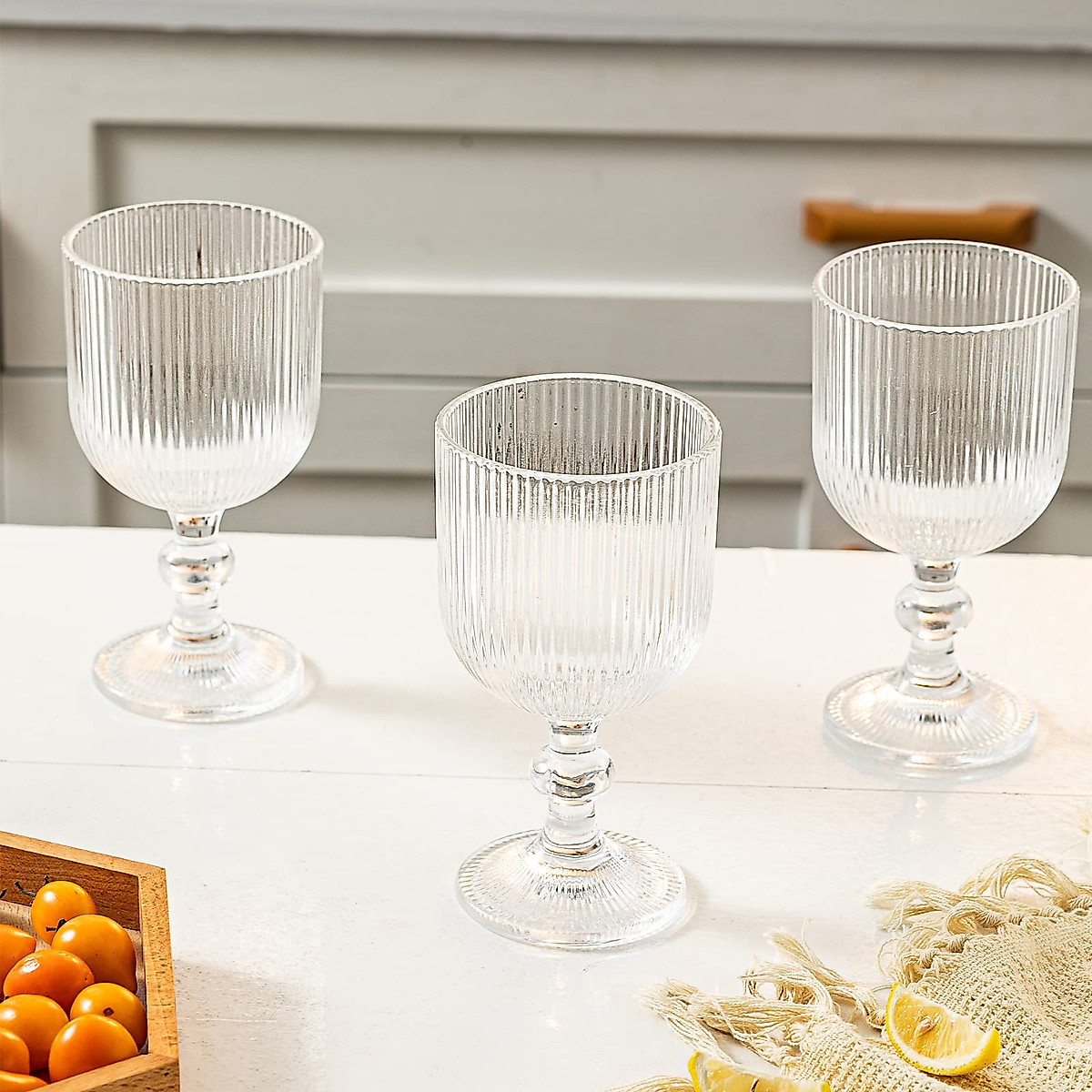 Vintage Wine Glasses Set of 4, 12 oz Glass Drinkware Sets, Ripple Drinkware Embossed Unique Vintage Glasses Drinking, Vertical Line Goblet Glasses, Water Goblets, Wedding, Party, Dinner, Bar