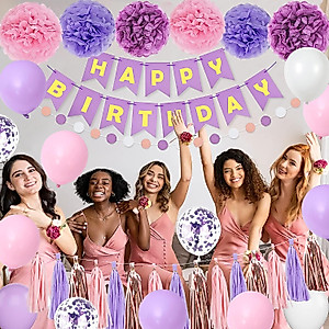 Purple Pink Birthday Party Decorations for Women Girls with Happy Birthday Banner,Hanging Swirls,Tissue Paper Pompoms,Circle Dots Garland,Tassel Garland Purple Birthday Balloons (Purple)