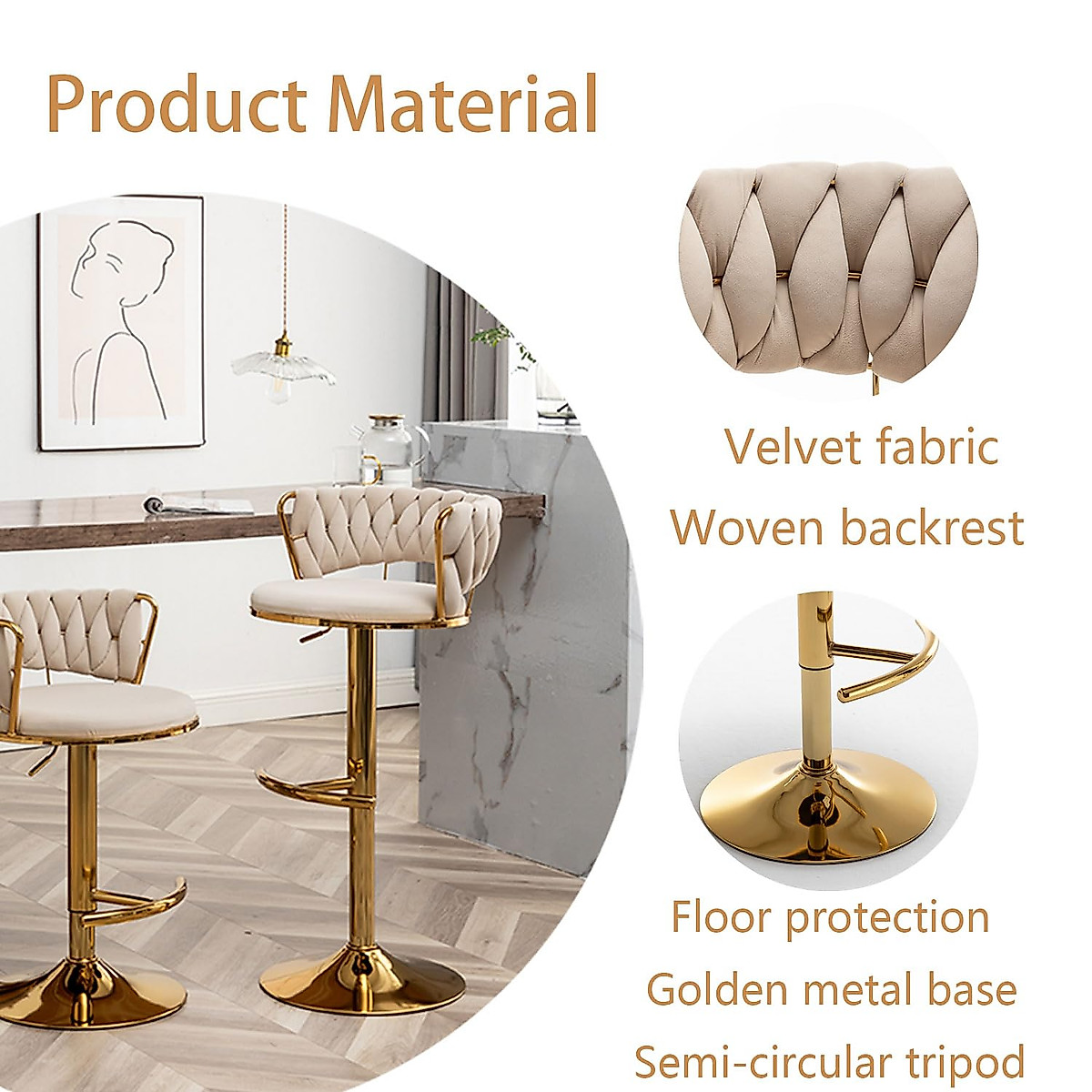 Riknuxi Gold Velvet Bar Stools Set of 4, Counter Height Bar Stools with Low Back, Swivel Bar Stool for Kitchen Island, Bar Pub (Beige)