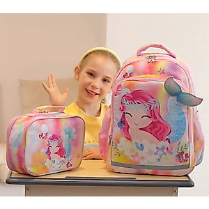 LEDAOU Kids Preschool Backpack Lunch Box Girls Kindergarten BookBag Primary Waterproof Galaxy School Bag 7 Pockets with Chest Strap