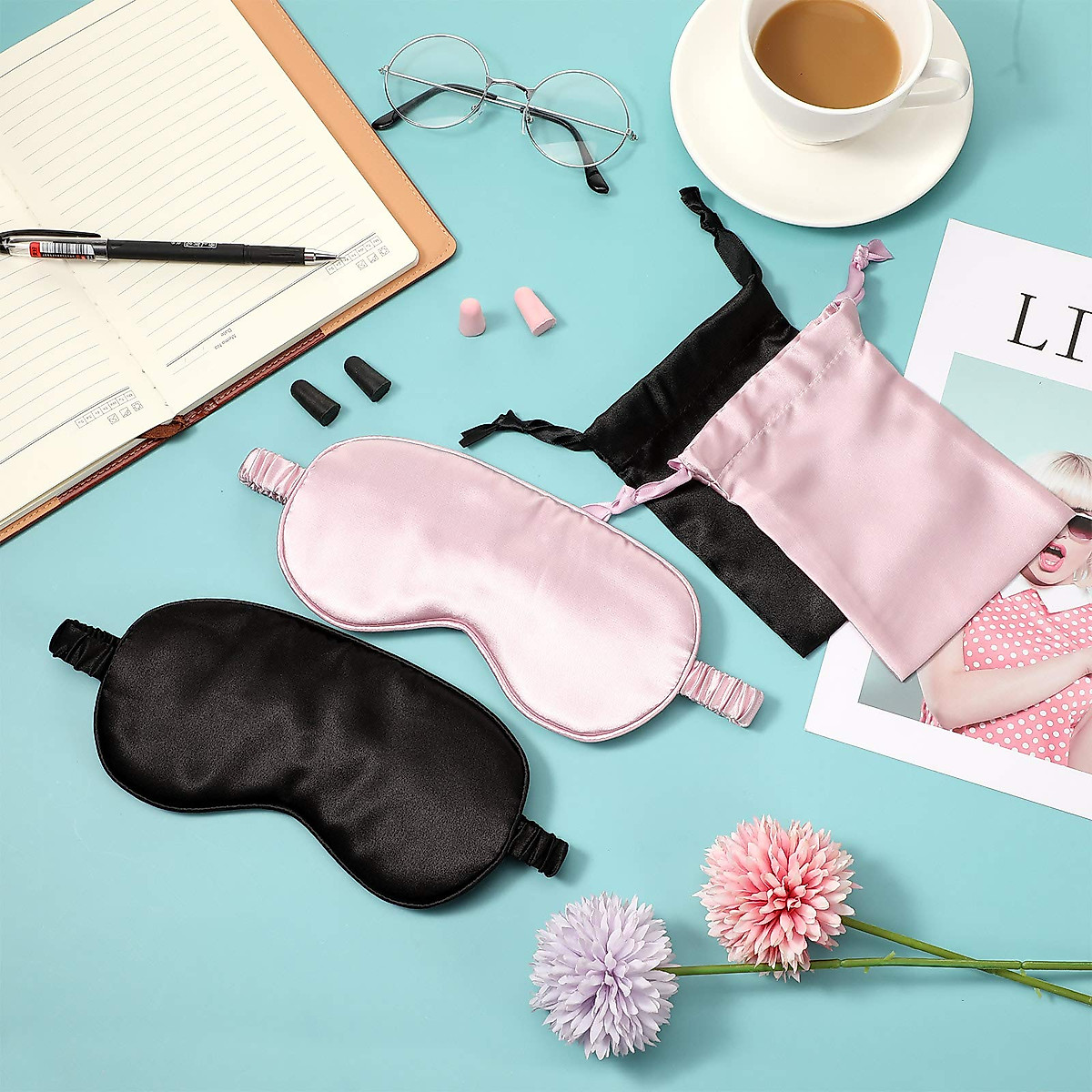 Silk Satin Sleeping Mask Eye Mask Set Include 2 Blindfold Eyeshade Elastic Strap Double Layer Silk Filling Eye Cover 2 Ear Plugs 2 Storage Bags for Women and Men Sleep Travel Nap (Black, Taro Purple)