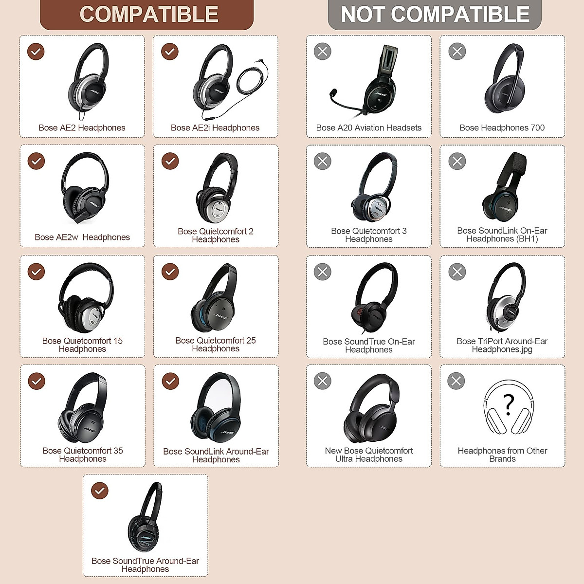 Aurivor Replacement Ear-Pads Cushions for Bose QuietComfort (QC) 35 35ii 25 15 2 and More Headphones, Upgraded Covers with Soft Protein Leather, Reinforced Sealing, Optimized Memory Foam (Coffee)