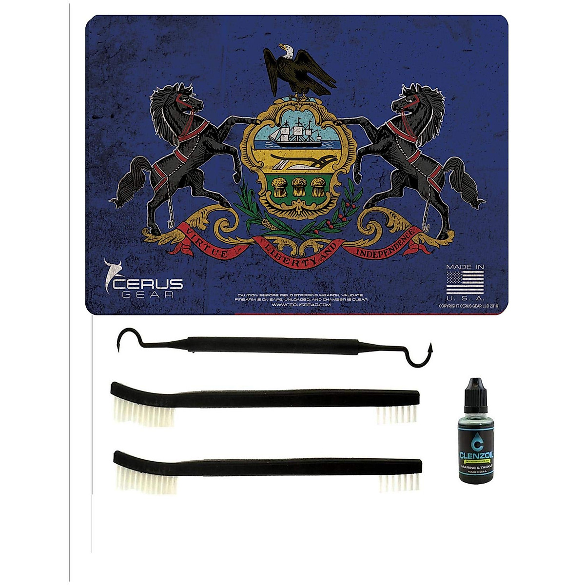 EDOG Pennsylvaina State Flag 5 PC Cerus Gear Heavy Duty Pistol Cleaning 12x17 Padded Gun-Work Surface Protector Mat Solvent & Oil Resistant & 3 PC Cleaning Essentials & Clenzoil, Made in The USA