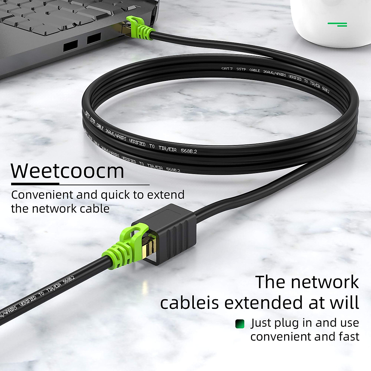 Weetcoocm Ethernet Extension Cable 20ft, Network Cat6a Extension Patch Cable RJ45 Cords Shielded Male to Female Connector (20FT)