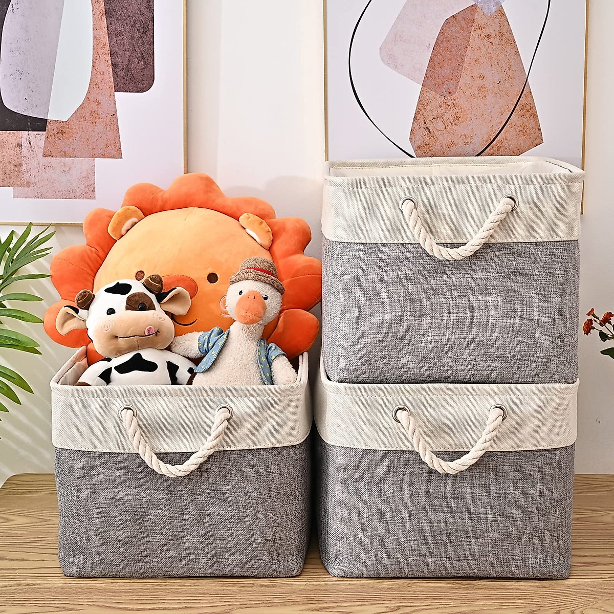 HOdo Home Fabric Storage Bin with Drawstring Closure and 2 Bold Handles, Collapsible Large Canvas Storage Baskets for Organizing Shelf Nursery Home Closet (White&Grey, 15.8L×11.8W×9.5H - 3Pack)