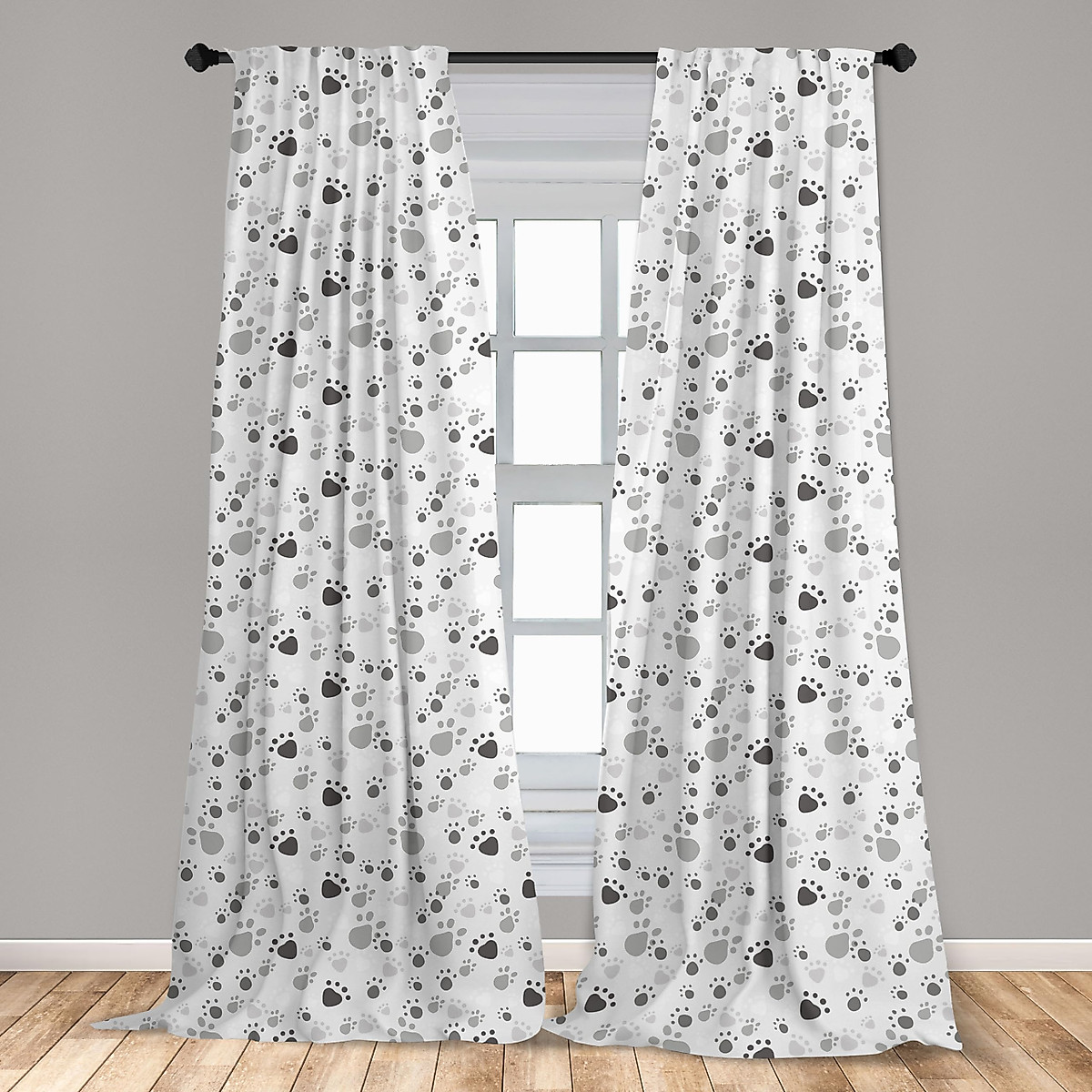 Lunarable Grey Curtains, Pattern with Random Footprints Paw Traces Pet Legs Friendly Cats and Dogs, Window Treatments 2 Panel Set for Living Room Bedroom, Pair of - 28" x 63", Charcoal Grey