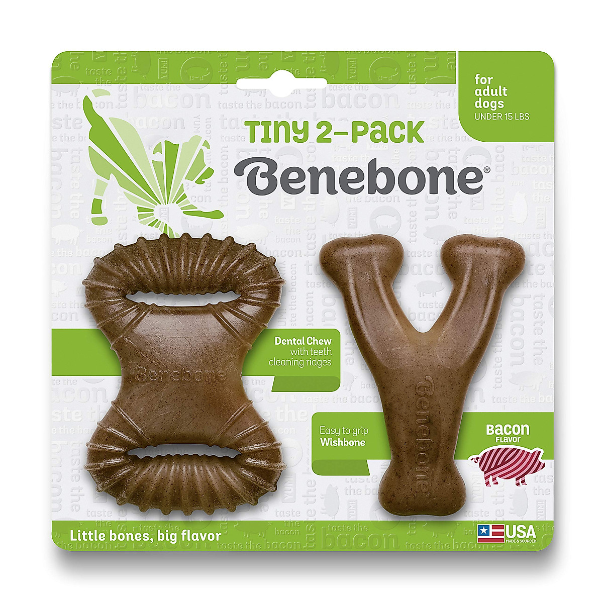 Benebone Tiny 2-Pack Dog Chew Toys, Made in USA, Real Bacon Flavor, Small